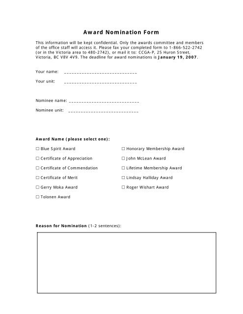 Award Nomination Form Template