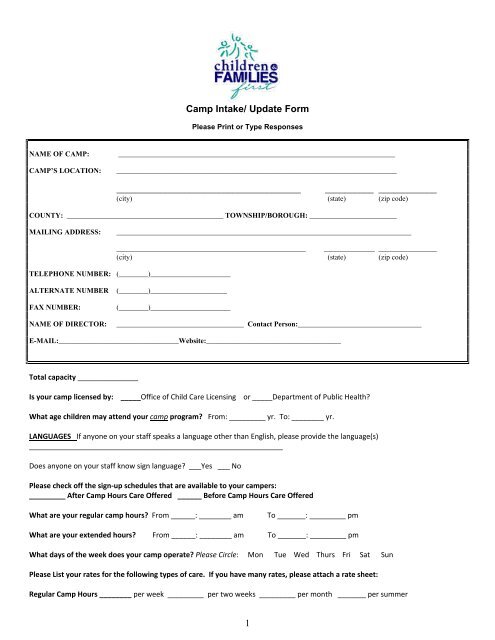 Camp Intake Update Form - Children & Families First