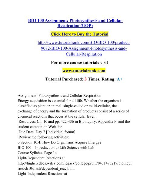 BIO 100 Assignment Photosynthesis and Cellular Respiration (UOP ...
