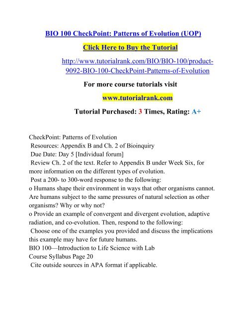 BIO 100 CheckPointPatterns of Evolution (UOP)/TutorialRank