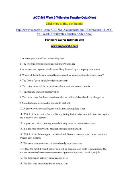 ACC 561 Week 3 Wileyplus Practice Quiz / acc561dotcom ACC 561 Week 3 Wileyplus Practice Quiz / acc561dotcom