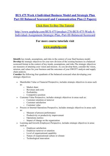 BUS 475 Week 4 Individual Business Model and Strategic Plan Part III ...