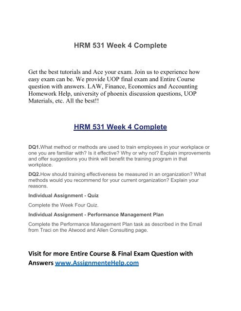 HRM 531 Week 4 Complete UOP HomeWork Tutorial