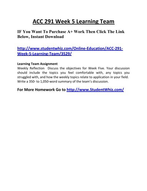 ACC 291 Week 5 Learning Team UOP Complete Class Home work Help