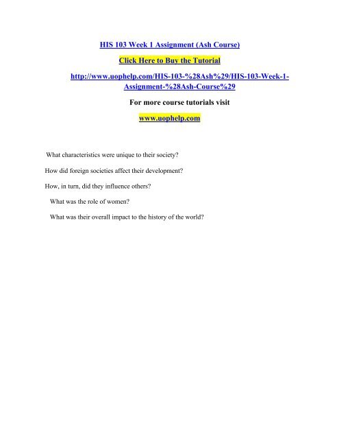 HIS 103 Week 1 Assignment (Ash Course)/uophelp