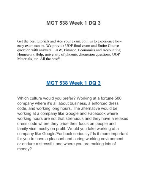 MGT 538 Week 1 DQ 3 UOP HomeWork Tutorial
