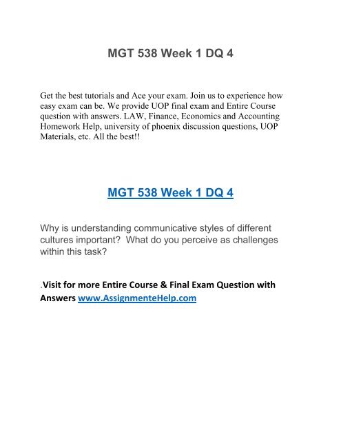 MGT 538 Week 1 DQ 4 UOP HomeWork Tutorial