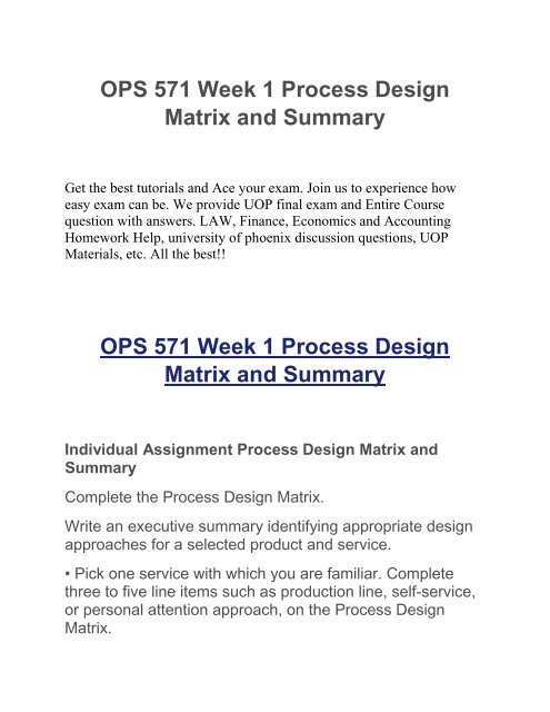 OPS 571 Week 1 Process Design Matrix and Summary UOP HomeWork Tutorial