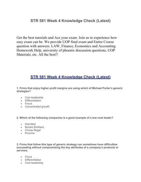 STR 581 Week 4 Knowledge Check (Latest) UOP HomeWork Tutorial
