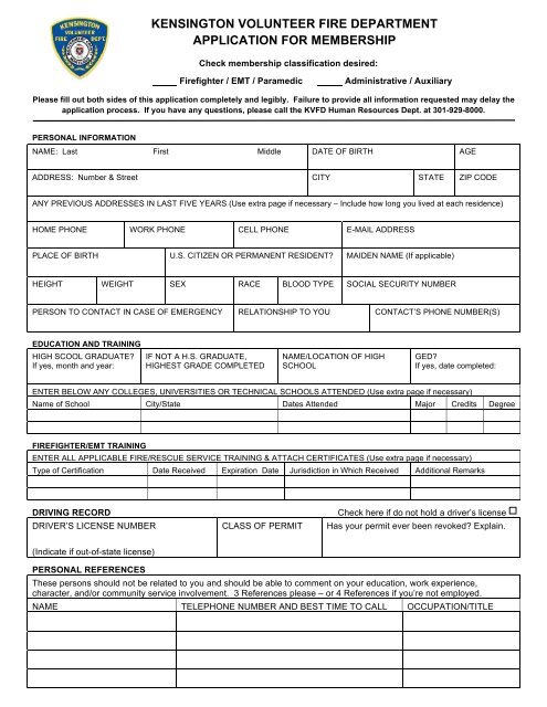 kensington volunteer fire department application for membership