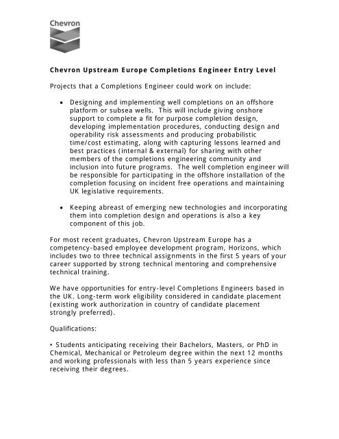 Chevron Upstream Europe Completions Engineer Entry Level ...