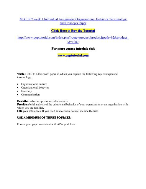 MGT 307 week 1 Individual Assignment Organizational Behavior ...