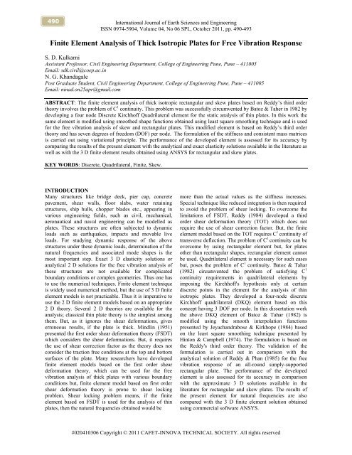 Finite Element Analysis Of Thick Isotropic Plates For Free Vibration