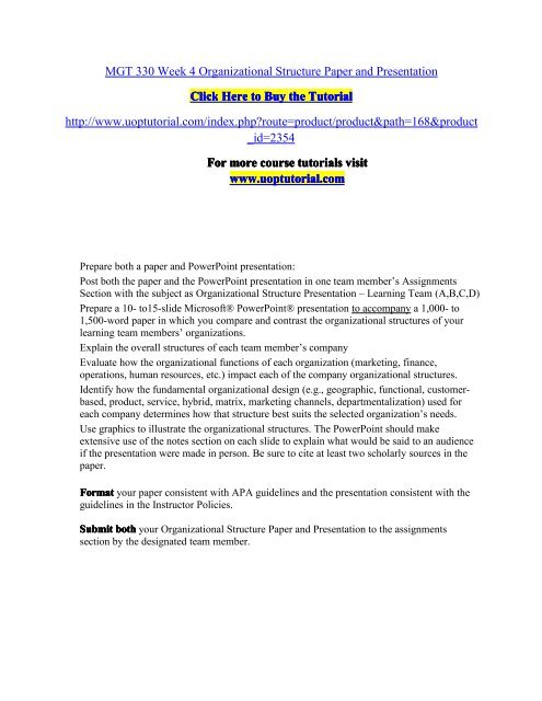 MGT 330 Week 4 Organizational Structure Paper and Presentation
