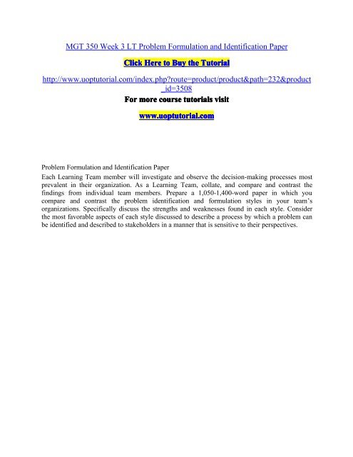 MGT 350 Week 3 LT Problem Formulation and Identification Paper