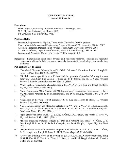 Short-form CV. - JH Ross home page - Texas A&M University