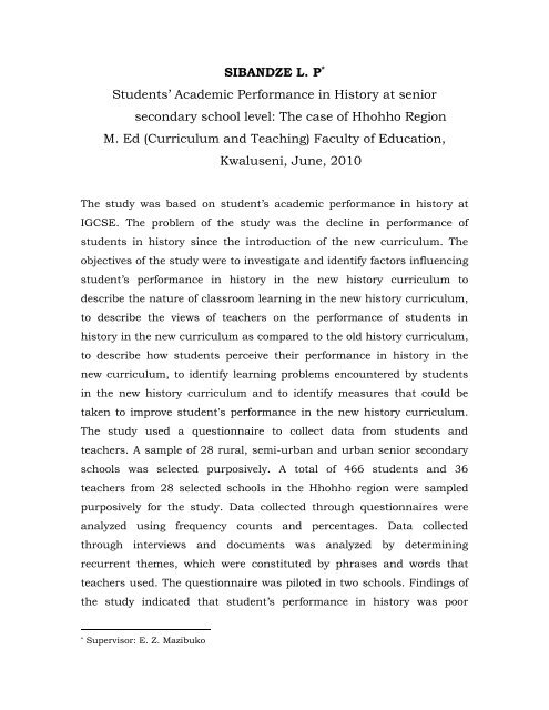 Academic Performance in History at senior secondary school level