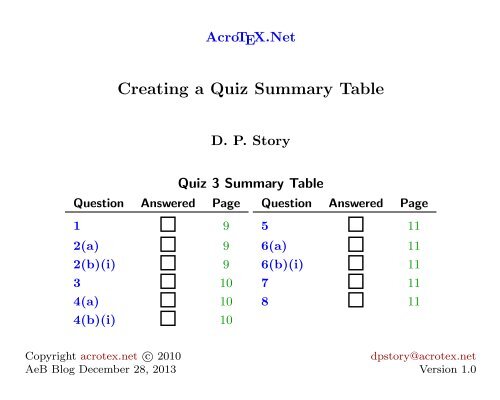 Creating a Quiz Summary Table - AcroTeX