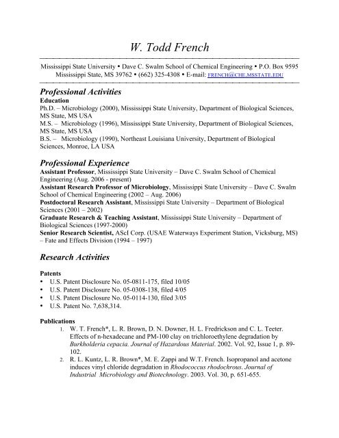 W. Todd French - Dave C. Swalm School of Chemical Engineering