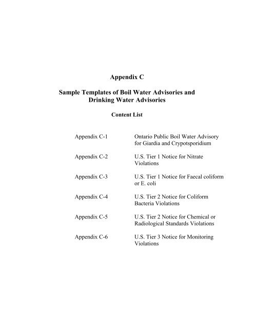 Appendix C: Sample Templates of Boil Water Advisories and ...