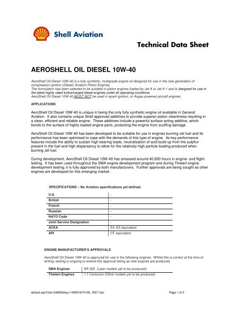 Technical Data Sheet AEROSHELL OIL DIESEL 10W-40 - Ovenon
