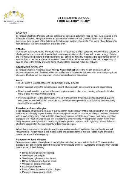 ST FINBARR'S SCHOOL FOOD ALLERGY POLICY