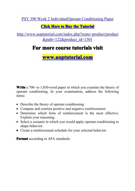 PSY 390 Week 2 Individual Operant Conditioning Paper