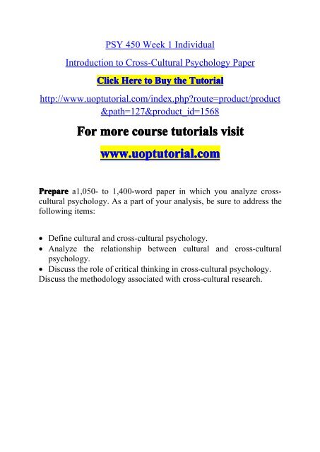 PSY 450 Week 1 IndividualIntroduction to Cross-Cultural Psychology Paper