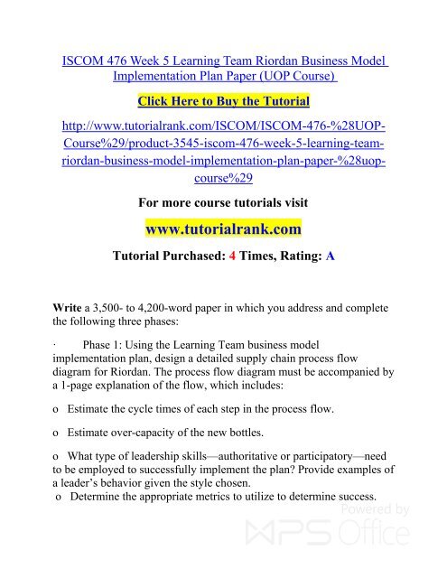 ISCOM 476 Week 5 Learning Team Riordan Business Model Implementation Plan Paper.pdf