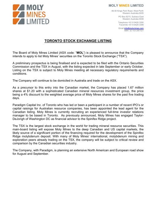 TORONTO STOCK EXCHANGE LISTING