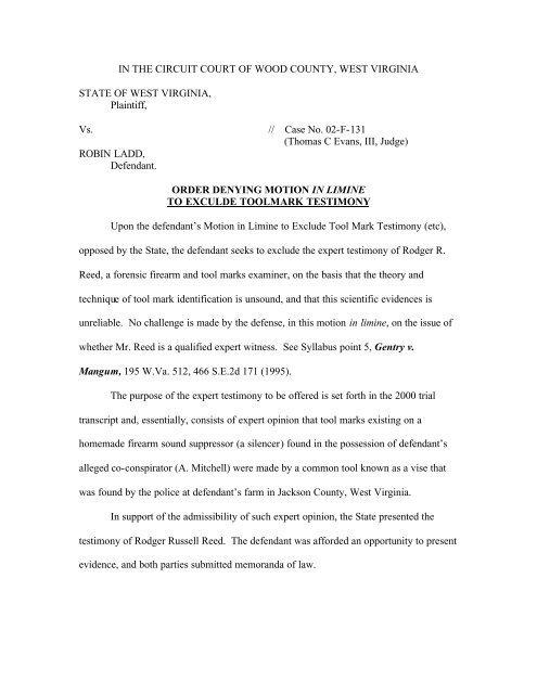 Order denying motion in limine to exclude Toolmark ... - SWGgun