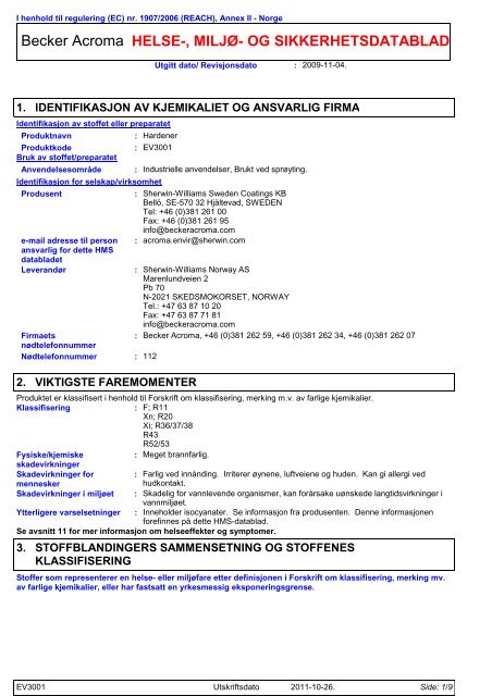 Becker Acroma HELSE- MILJØ- OG SIKKERHETSDATABLAD