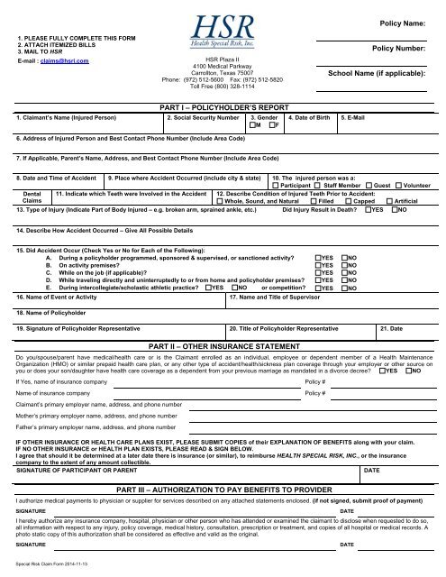HSR Accident and/or Medical Claim Form - Health Special Risk, Inc.