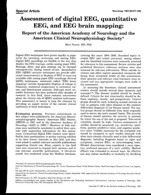 Assessment of digital EEG, quantitative EEG, and EEG brain mapping:
