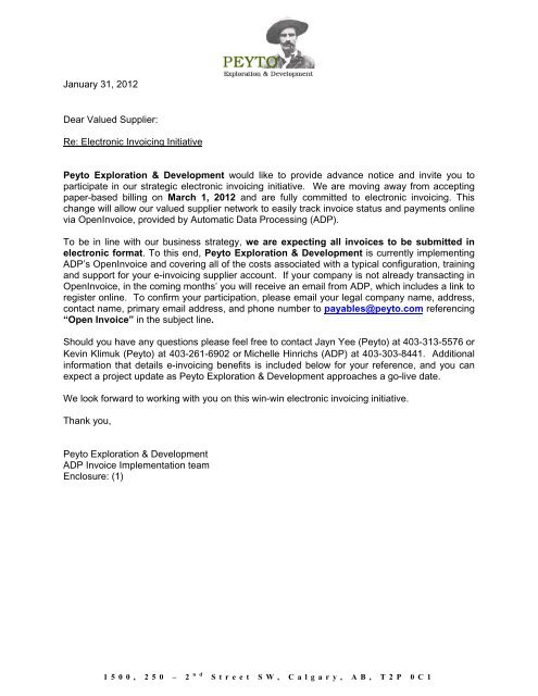 January 31, 2012 Dear Valued Supplier: Re: Electronic ... - Peyto