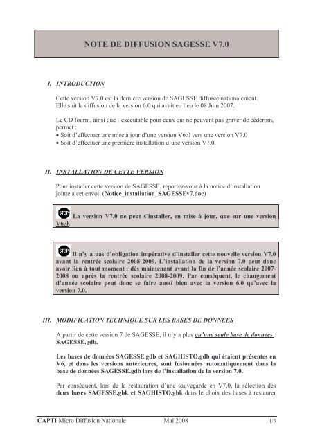 NOTE DE DIFFUSION SAGESSE V7.0