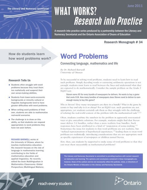 Word Problems: Connecting Language, Mathematics and ... - Ontario