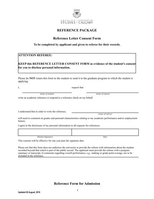 REFERENCE PACKAGE Reference Letter Consent Form Reference Form for ...