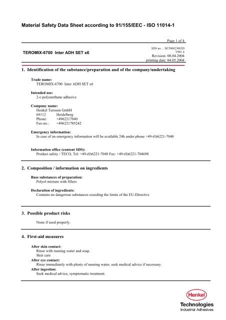 Material Safety Data Sheet according to 91/155/EEC - ISO 11014-1
