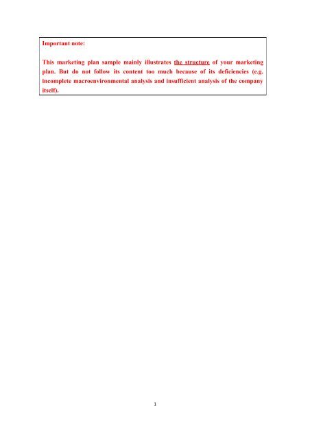 Important note: This marketing plan sample mainly illustrates the ...