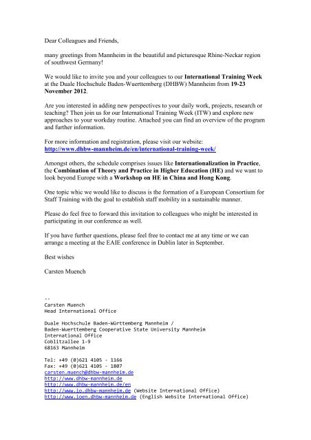 Dear Colleagues and Friends, many greetings from Mannheim in ...