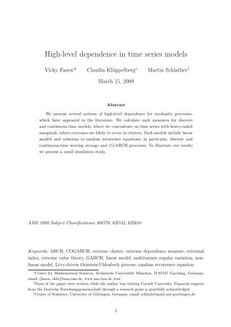 High-level dependence in time series models