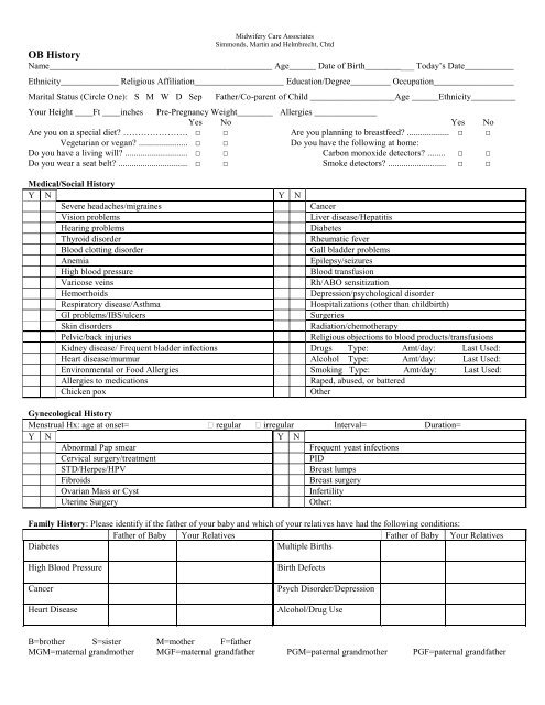 OB Medical History Form - Midwifery Care Associates, LLC