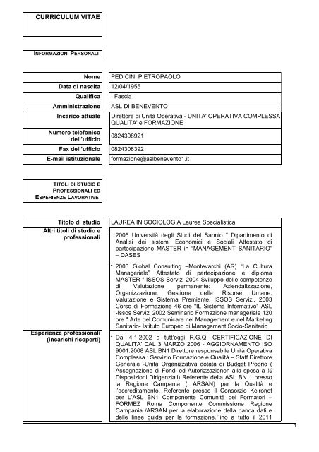 CURRICULUM VITAE la Regione Campania ( ARSAN) per la Qualità e