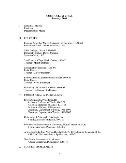 Gerald Shapiro's Curriculum Vitae