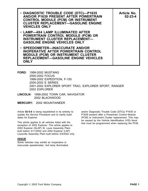 â ¢ DIAGNOSTIC TROUBLE CODE (DTC)â P1635 Article No. AND ...