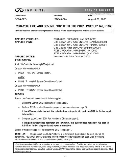 2004-2005 FX35 AND G35 MIL "ON" WITH DTC P1031 P1051 P1148 P1168