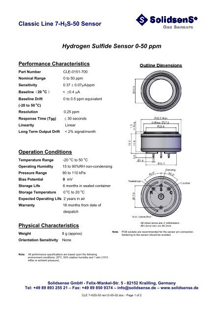 Classic Line 7-H2S-50 Sensor Hydrogen Sulfide Sensor 0-50 ppm