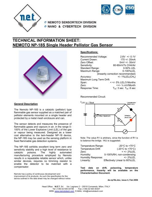 TECHNICAL INFORMATION SHEET NEMOTO NP-18S Single Header Pellistor Gas ...