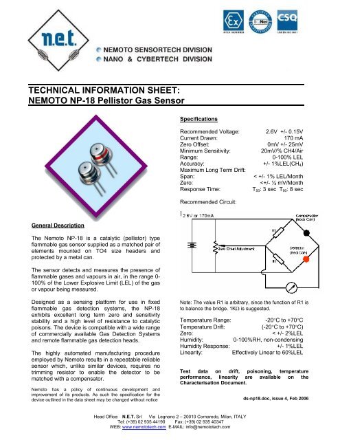TECHNICAL INFORMATION SHEET NEMOTO NP-18 Pellistor Gas Sensor